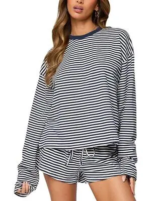 EDIKTED Jainee Striped Long Sleeve T-shirt - Navy