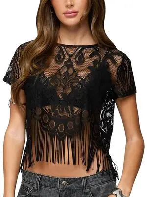 EDIKTED Kira Sheer Lace Fringe Top - Black