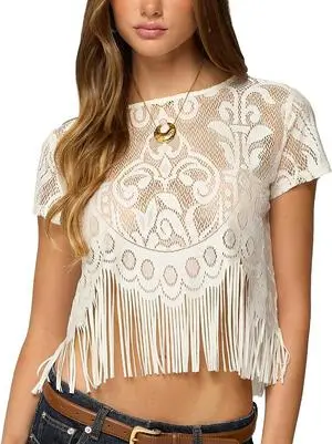 EDIKTED Kira Sheer Lace Fringe Top - Cream