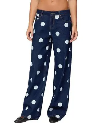 EDIKTED Leyah Polka Dot Baggy Jeans - Dark-blue-washed