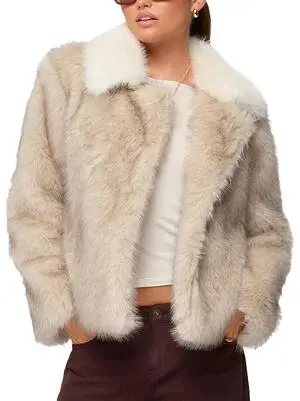 EDIKTED Contrast Collar Faux Fur Jacket - Tan