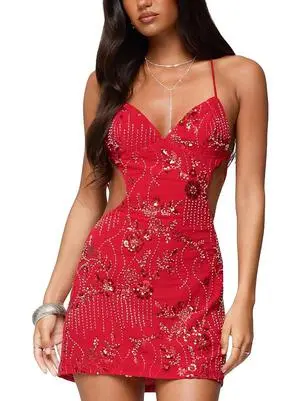 EDIKTED Annalee Backless Beaded Chiffon Mini Dress - Red