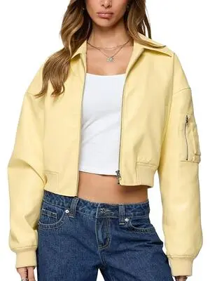 EDIKTED Zayna Cropped Faux Leather Bomber Jacket - Yellow