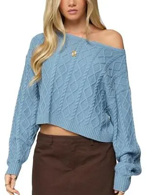 EDIKTED Oversized Off Shoulder Cable Knit Sweater - Blue
