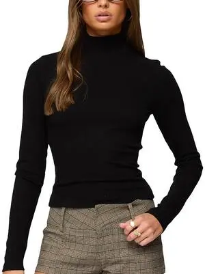 EDIKTED Saskia Fitted Ribbed Turtleneck Top - Black