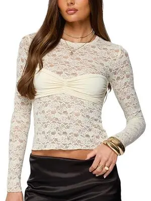 EDIKTED Rosette Bandeau Sheer Lace Top - Cream