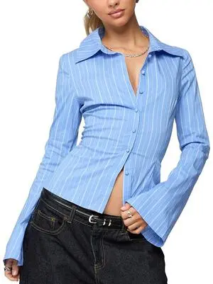 EDIKTED Pinstripe Tailored Button-up Shirt - Blue