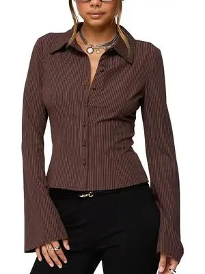 EDIKTED EDIKTED Pinstripe Tailored Button Up Shirt Brown
