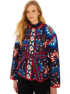 Farm Rio Printed Belted Crop Jacket - Latina Scarf Black