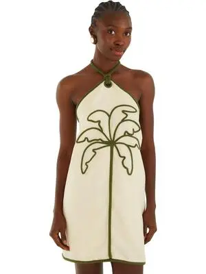 Farm Rio Coconut Embroidery Halterneck Linen Mini Dress - Sand