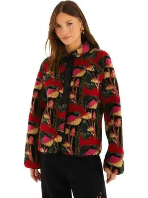 Farm Rio Wild Mushrooms Fleece Bomber Jacket - Wild Mushrooms Black