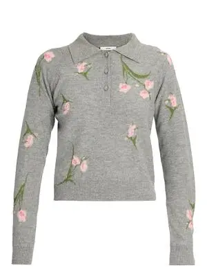 Erdem Merino Wool Floral-knit Polo Sweater - Grey