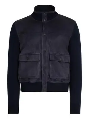 Moncler Wool And Suede Snap-Front Cardigan Blue