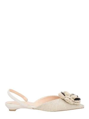 OVYE Slingback Ballet Flats In Leather And Raffia With Floral Appliqués - Beige