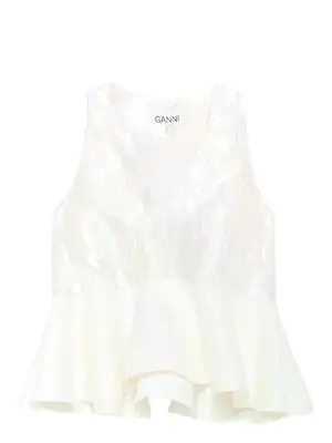 GANNI Satin Cloque Peplum Top - White