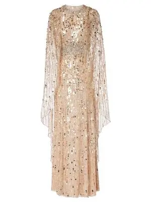 Jenny Packham Honey Dew Caped Embellished Gown - Pink
