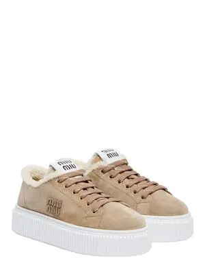Miu Miu Shearling-lined Suede Platform Sneakers - Brown