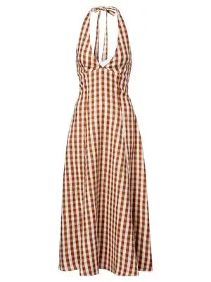 Faithfull The Brand Marais Gingham Halterneck Linen Midi Dress - Brown