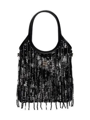 Miu Miu Embellished Fringed Satin Shopper - Black