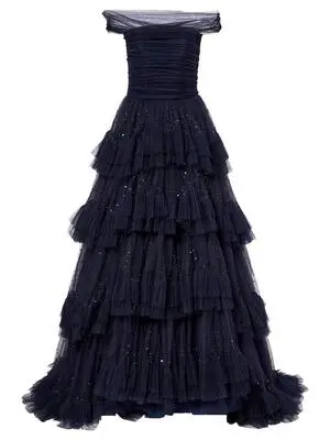 Jenny Packham Embellished Tiered Tulle Gown - Blue