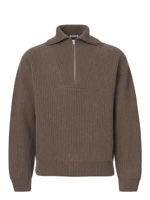JIL SANDER Ribbed Wool Sweater With Partial Zip - Brown