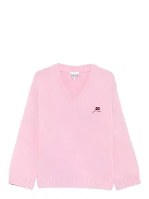 GANNI V-neck Embroidered Sweater - Pink