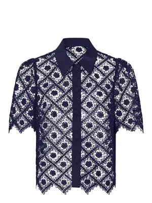 MILLY Addison Tile Lace Top - Navy