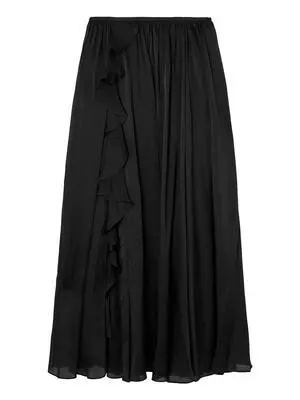 Ulla Johnson Zena Asymmetric Ruffled Pleated Silk-Chiffon Midi Skirt Black