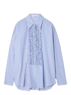Tibi Striped Cotton-poplin Shirt With Ruffle Detail - Blue