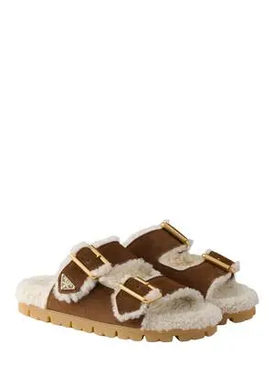 Prada Suede And Shearling Slides Cocoa Brown