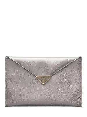 Prada Saffiano Leather Envelope Clutch Chrome