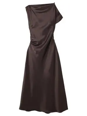 LA LIGNE Asymmetric Draped Satin Maxi Dress - Brown