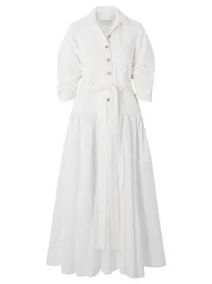 Gabriela Hearst Delyth Belted Frayed Pleated Denim-blend Linen Midi Dress - White