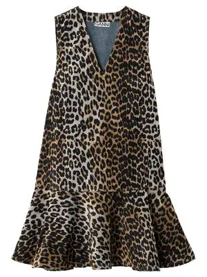 GANNI Ruffled Leopard-print Recycled-denim Mini Dress - Animal Print