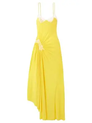 Christopher Esber Delphin Asymmetric Gathered Lace-trimmed Ribbed Jersey Midi Dress - Yellow