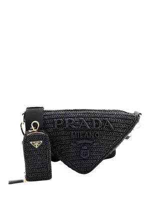 Prada Triangle Logo Zip Crochet Raffia Small Crossbody Bag - Black