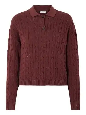 Brunello Cucinelli Sequined Cable-knit Cotton-blend Sweater - Burgundy