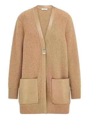 FERRAGAMO Leather-trim Ribbed Cardigan With Buckle - Neutrals