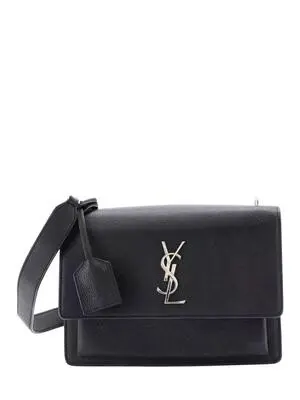 Saint Laurent Sunset Satchel Leather Medium Crossbody Bag - Black
