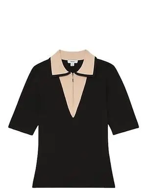 REISS Stella Contrast-collar Stretch-knit Top - Black Ivory