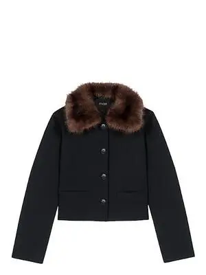 Maje Stretch Wool-blend Jacket With Faux-fur Collar - Black
