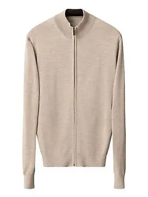 Eton Zip-Up Knitted Wool Cardigan Beige