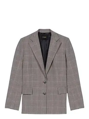 Maje Checked Stretch Wool-blend Single-breasted Blazer - Grey