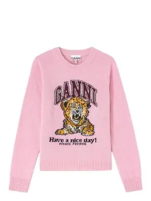 GANNI Wool Crewneck Pullover Sweater - Pink