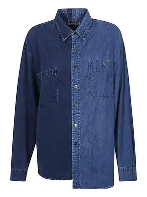 E.L.V. DENIM Cotton Denim Shirt With Pointed Collar And Chest Pockets - Blue