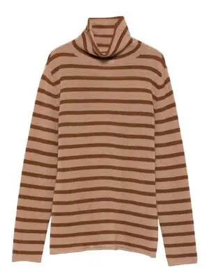 BEYOU Striped Cashmere Turtleneck Sweater - Beige