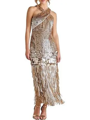 Coast Sequin Tassel Halter Neck Dress - Gold
