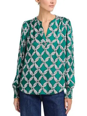 T Tahari Long Sleeve Split Neck Blouse With Smocked Cuffs - Infinity Chain