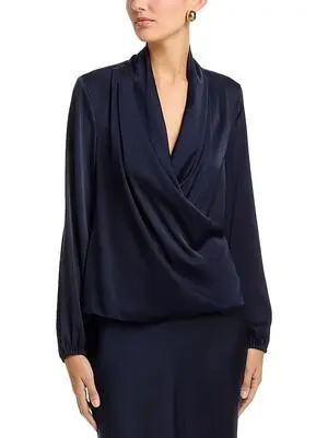 T Tahari Long Sleeved Wrap Bodice Blouse - Navy