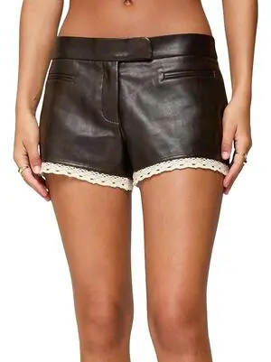 EDIKTED Faux Leather Lacey Shorts - Dark-brown